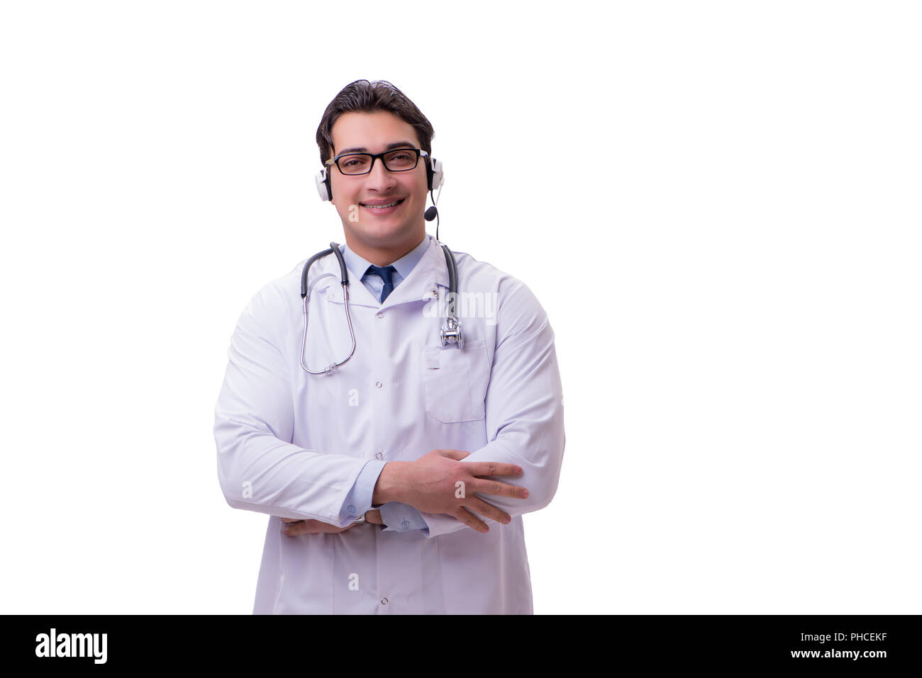Young doctor with phone headset isolated on white Stock Photo - Alamy