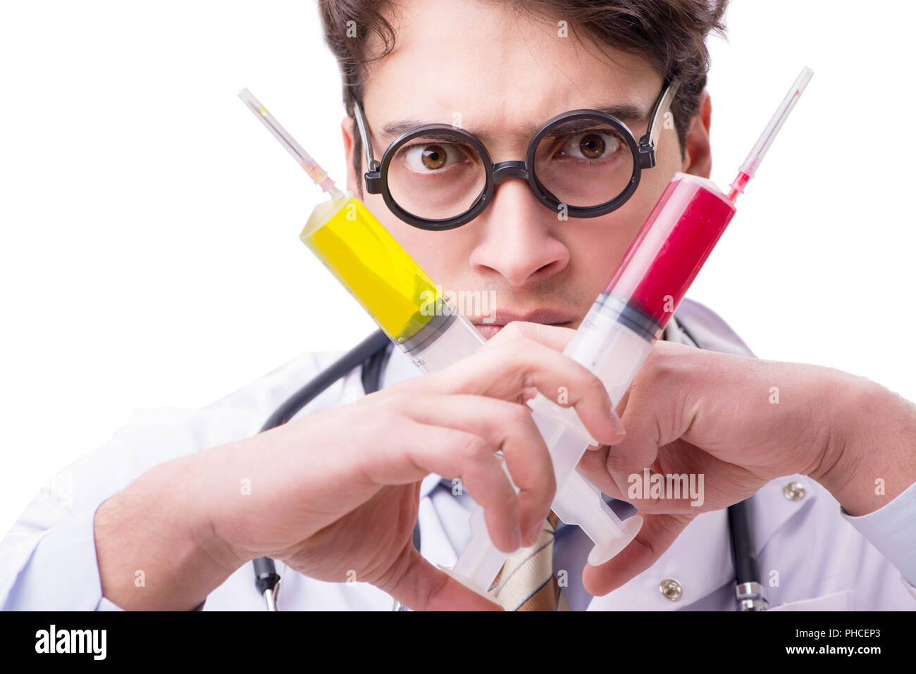 Funny doctor with syringe isolated on white Stock Photo - Alamy