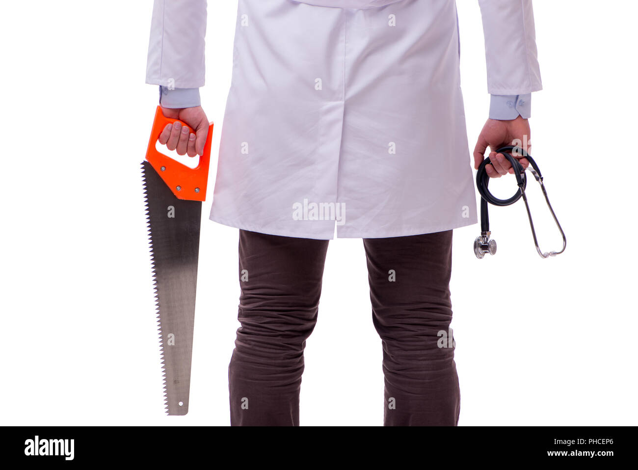 Funny doctor with saw isolated on white Stock Photo - Alamy