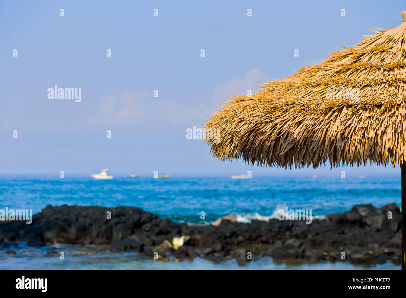 Thatched hut on beach view ocean view on Kona Bay, Kona, Hawaii Stock ...
