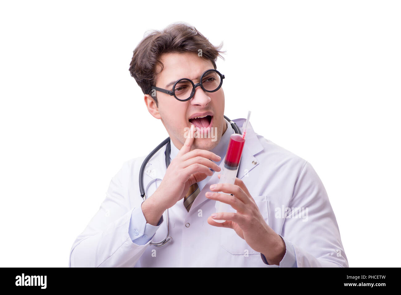 Funny doctor with syringe isolated on white Stock Photo - Alamy