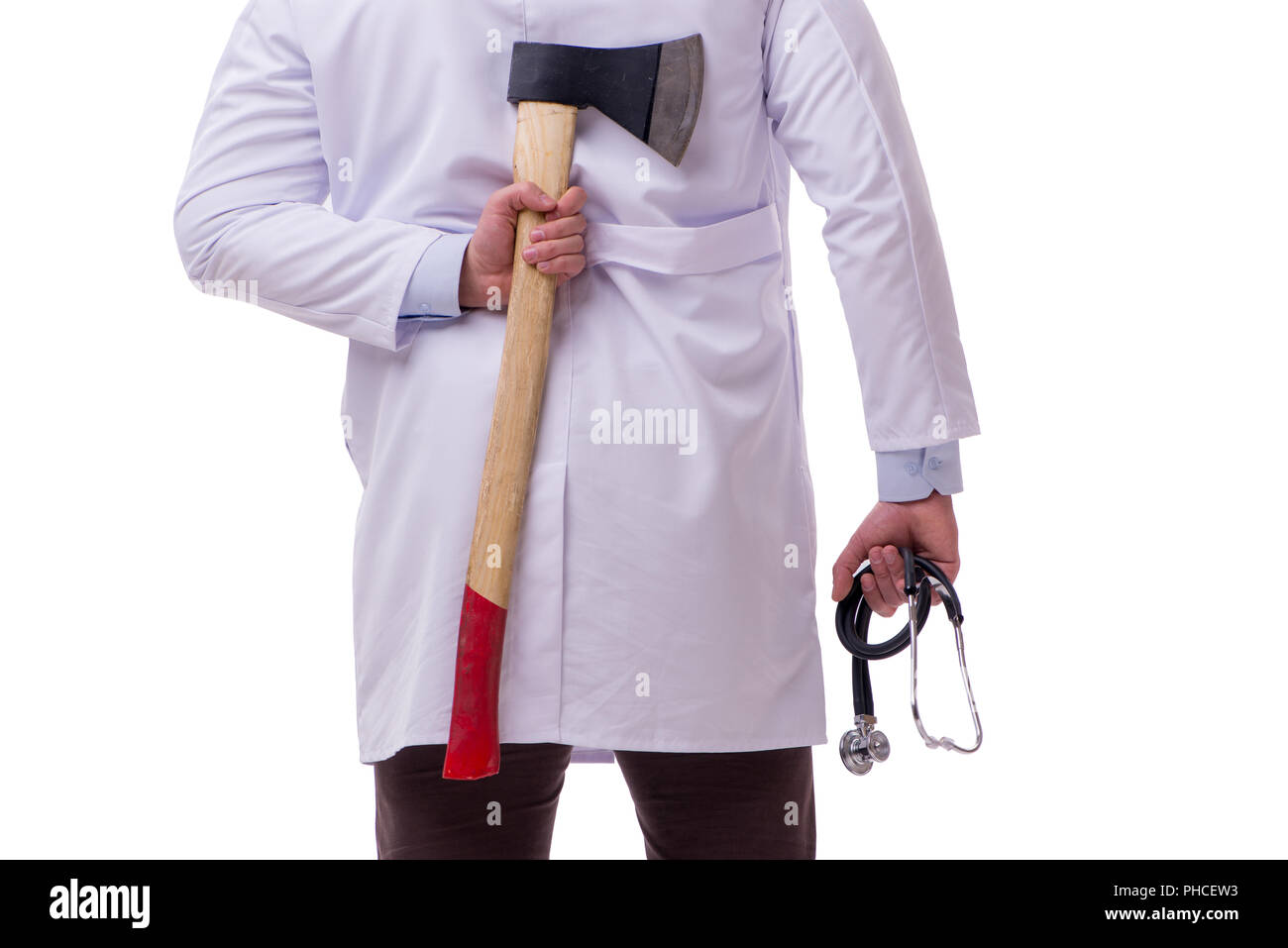 Funny doctor with axe isolated on white Stock Photo - Alamy