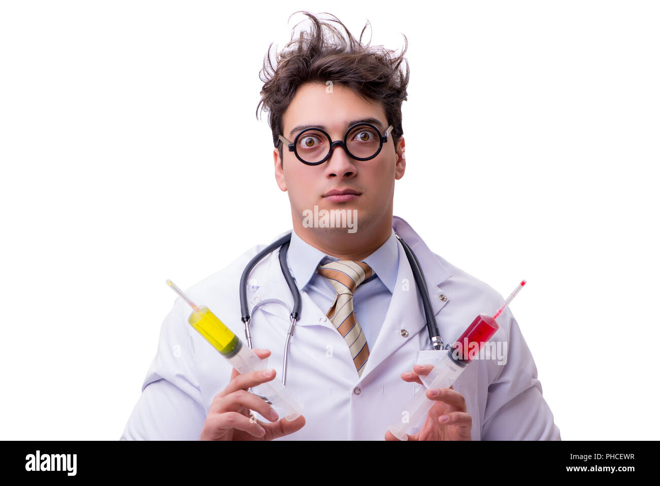 Funny doctor with syringe isolated on white Stock Photo - Alamy