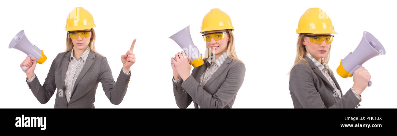 Female engineer in helmet with loudspeaker isolated on white Stock ...