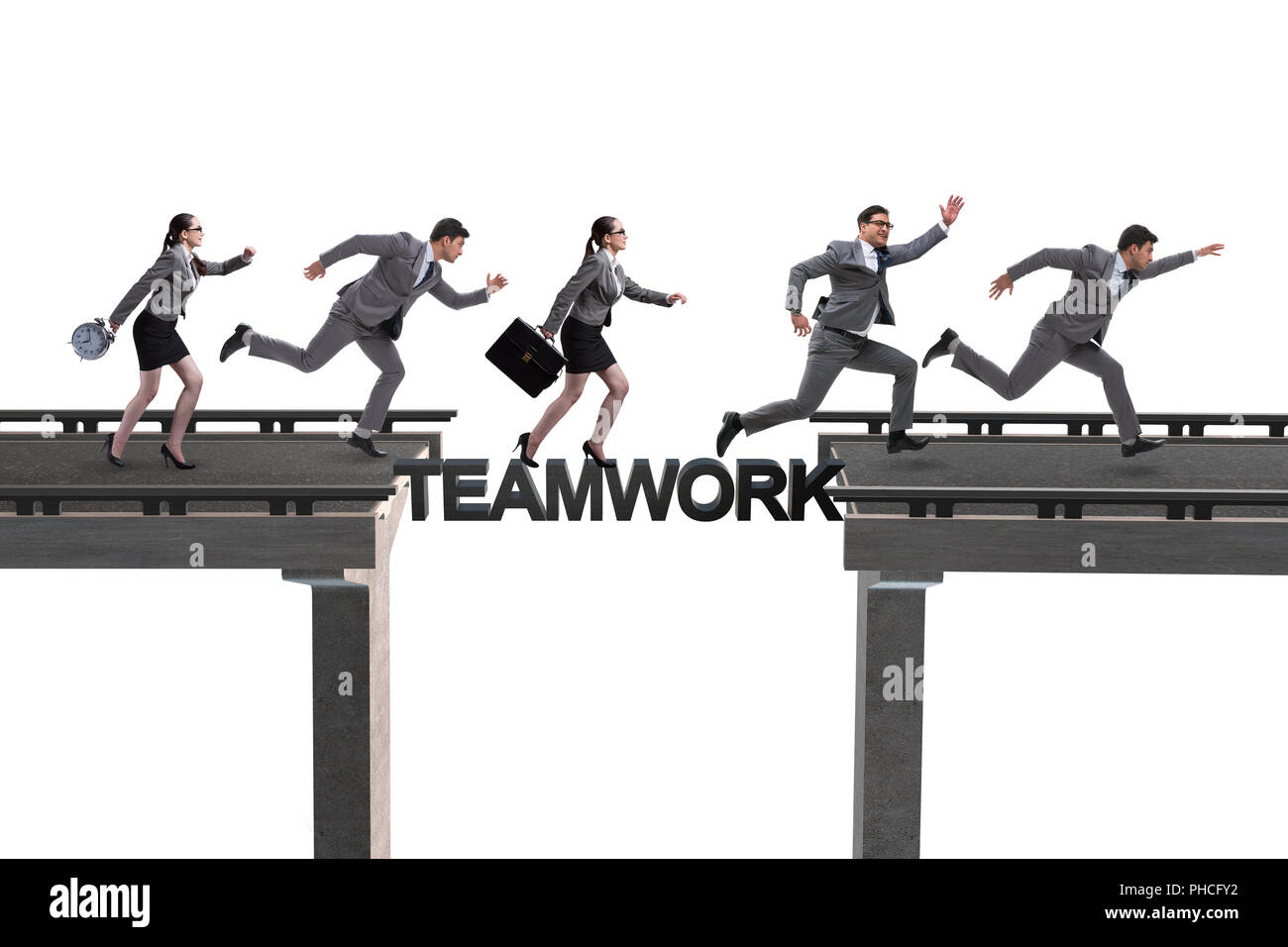 Teamwork concept with business people crossing bridge Stock Photo - Alamy