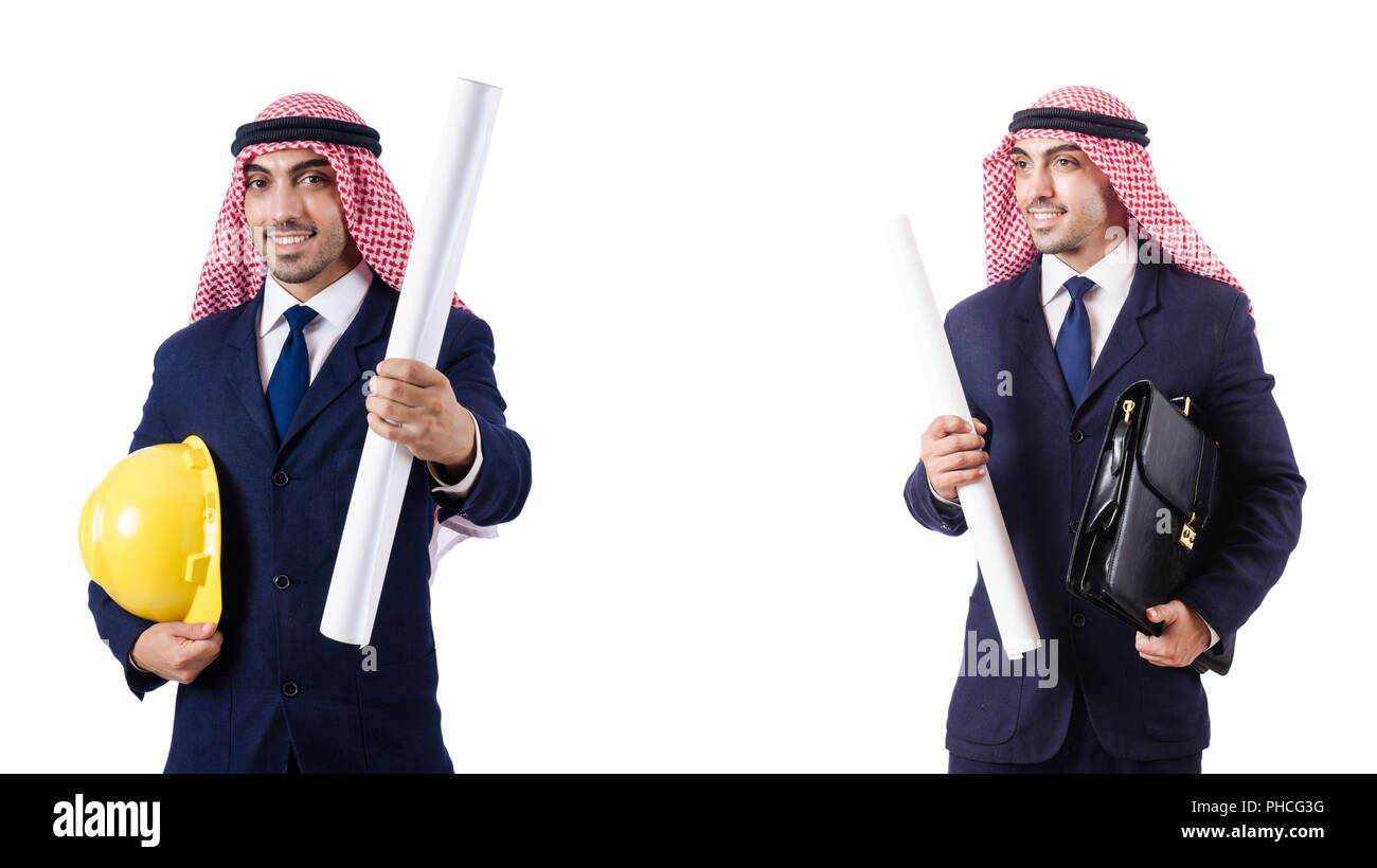 Arab engineer with drawings on white Stock Photo - Alamy