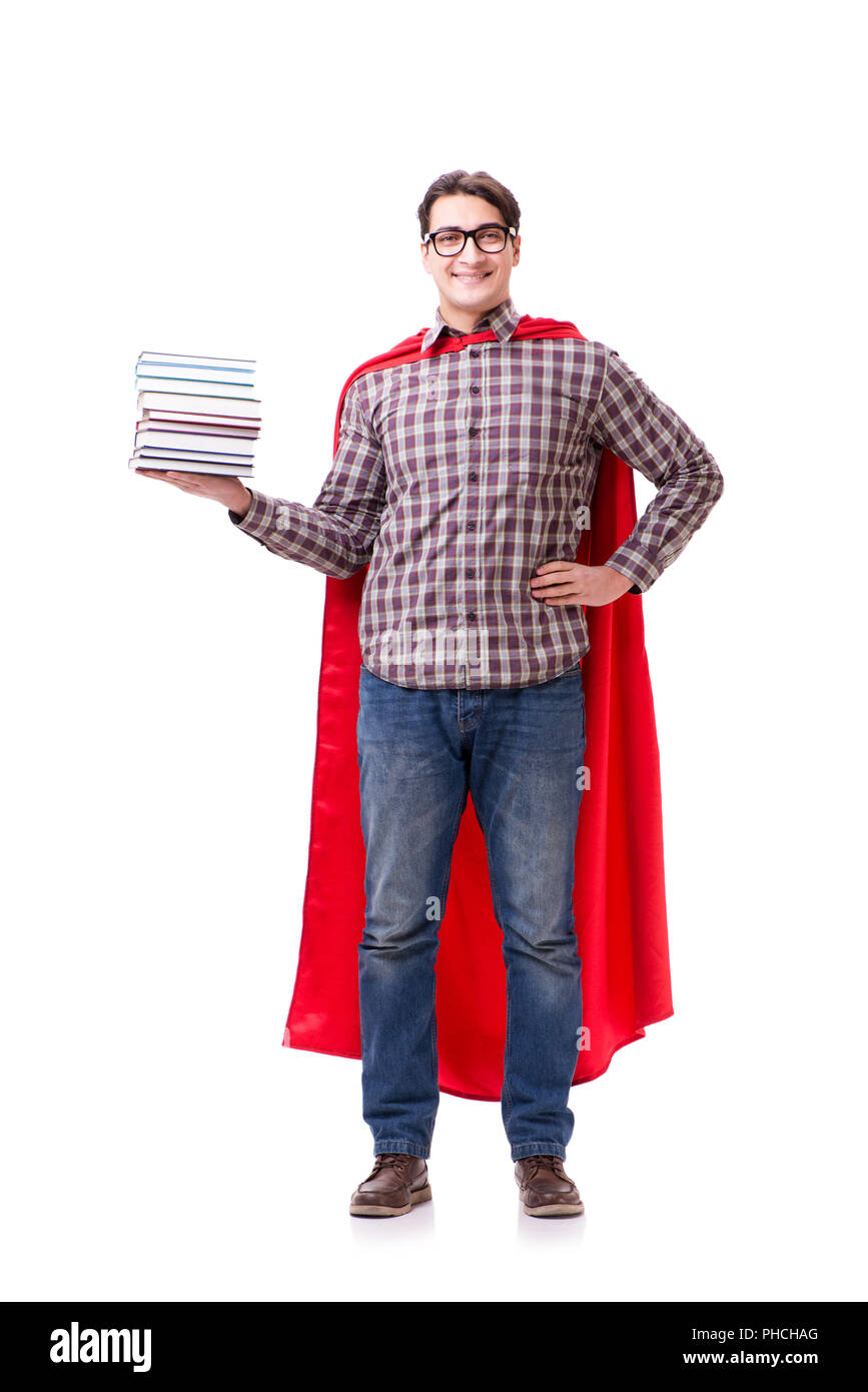 The super hero student with books isolated on white Stock Photo - Alamy