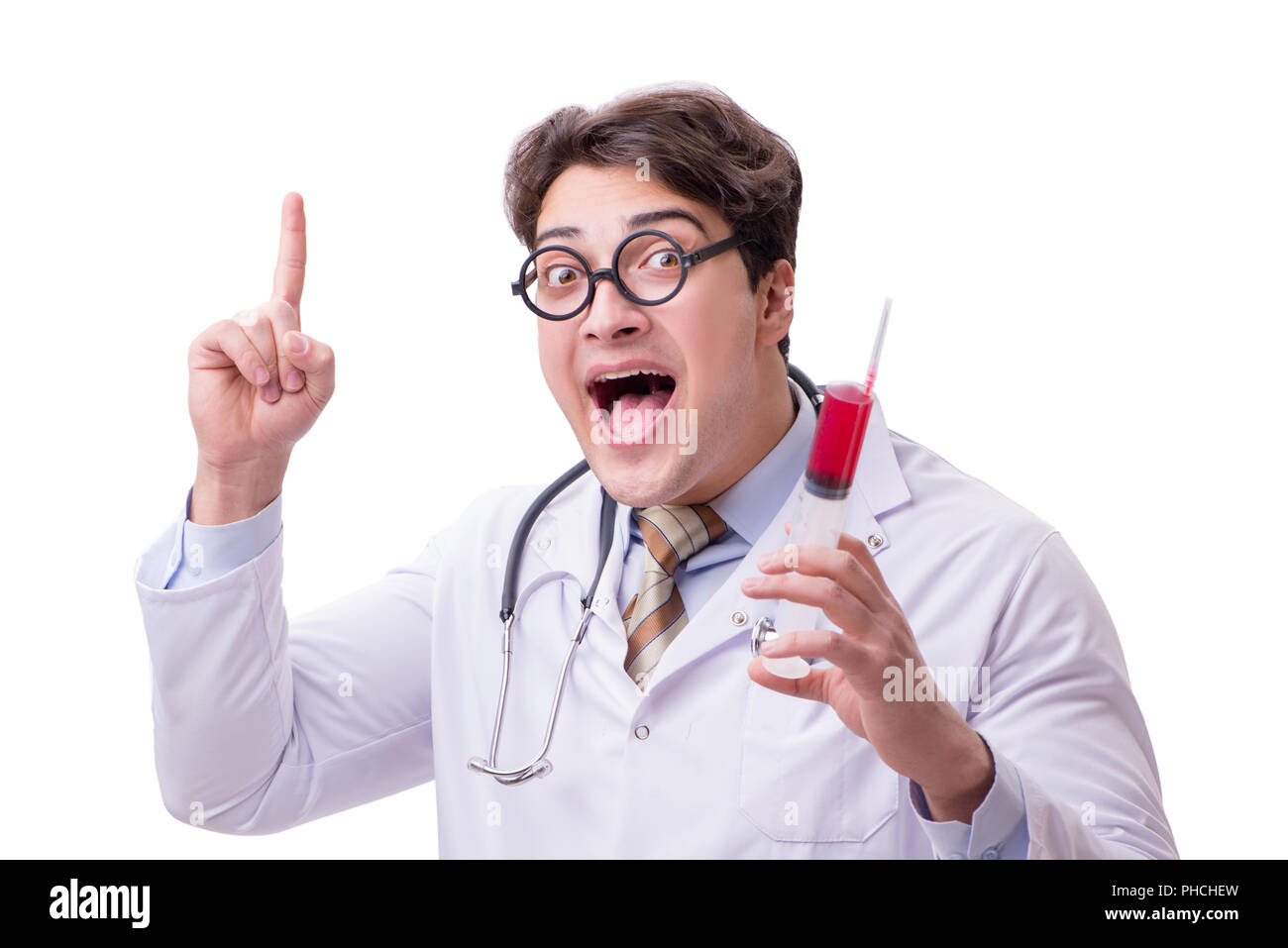 The funny doctor with syringe isolated on white Stock Photo - Alamy