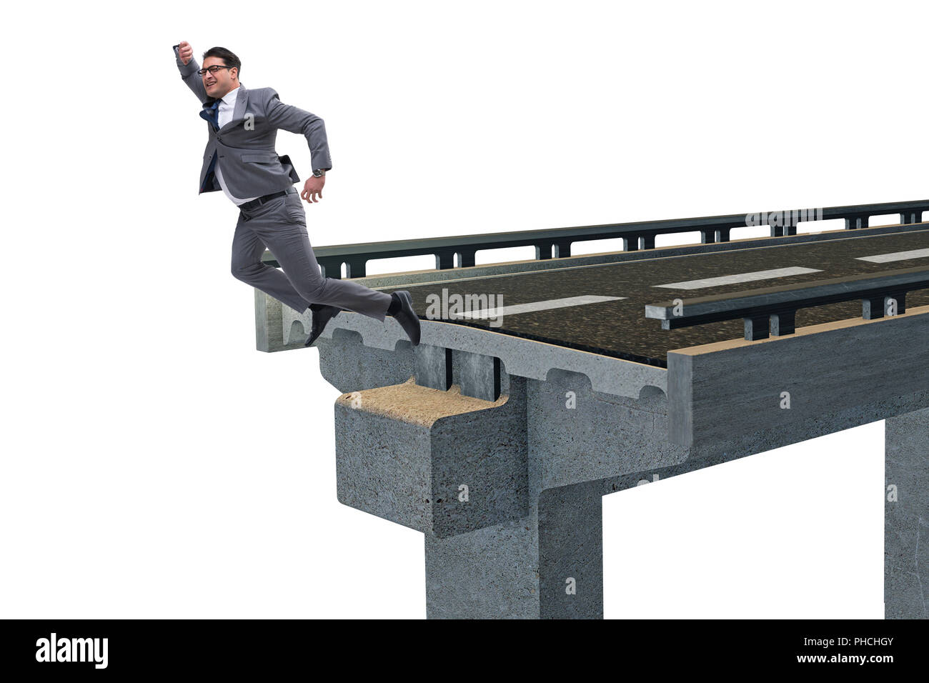 The young businessman with broken bridge isolated on white Stock Photo ...