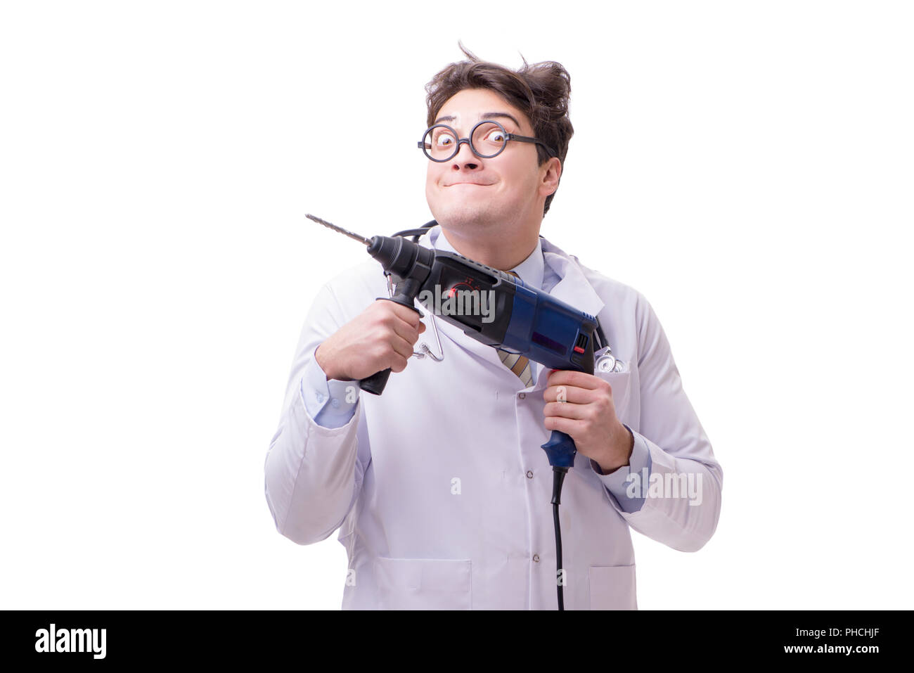 The funny doctor with drill isolated on white Stock Photo - Alamy