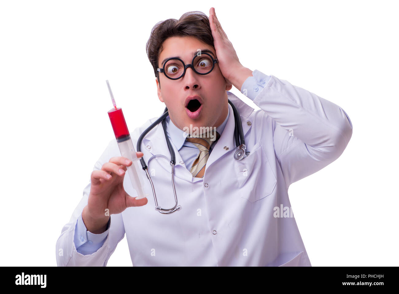The funny doctor with syringe isolated on white Stock Photo - Alamy