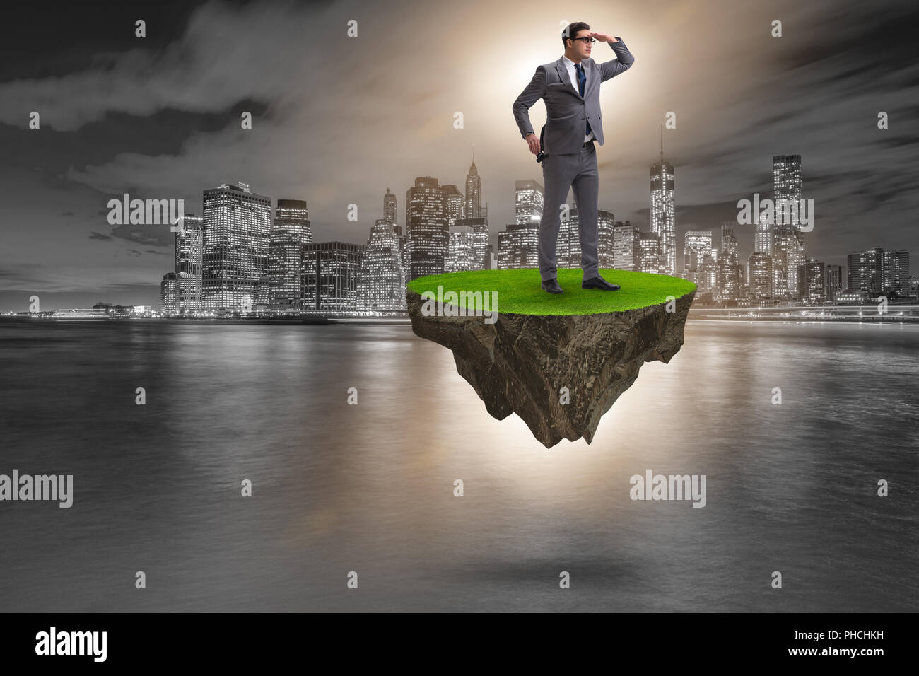 The businessman on flying island looking into future Stock Photo - Alamy
