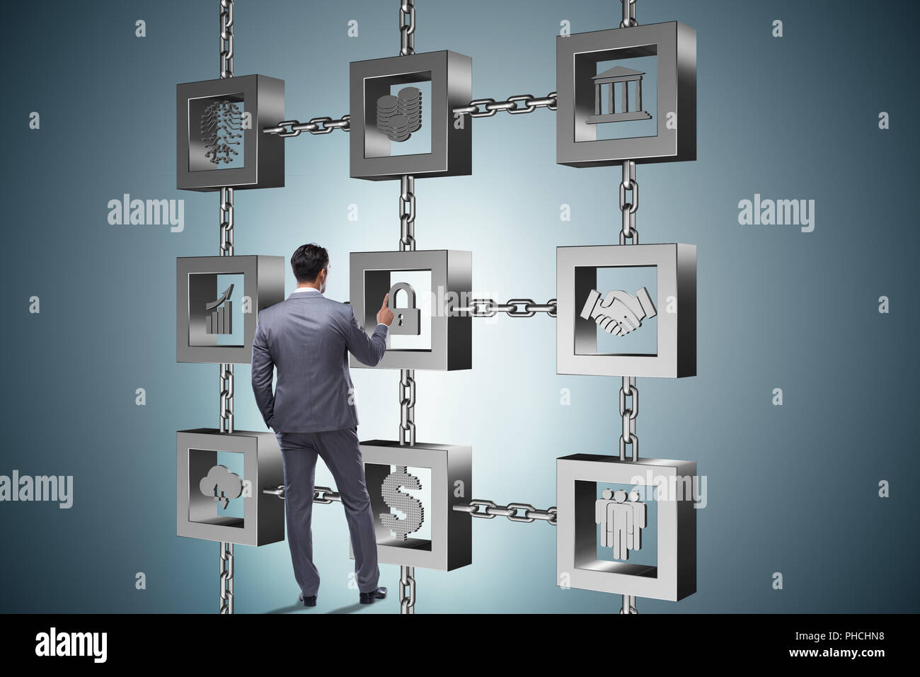 The businessman in blockchain cryptocurrency concept Stock Photo - Alamy
