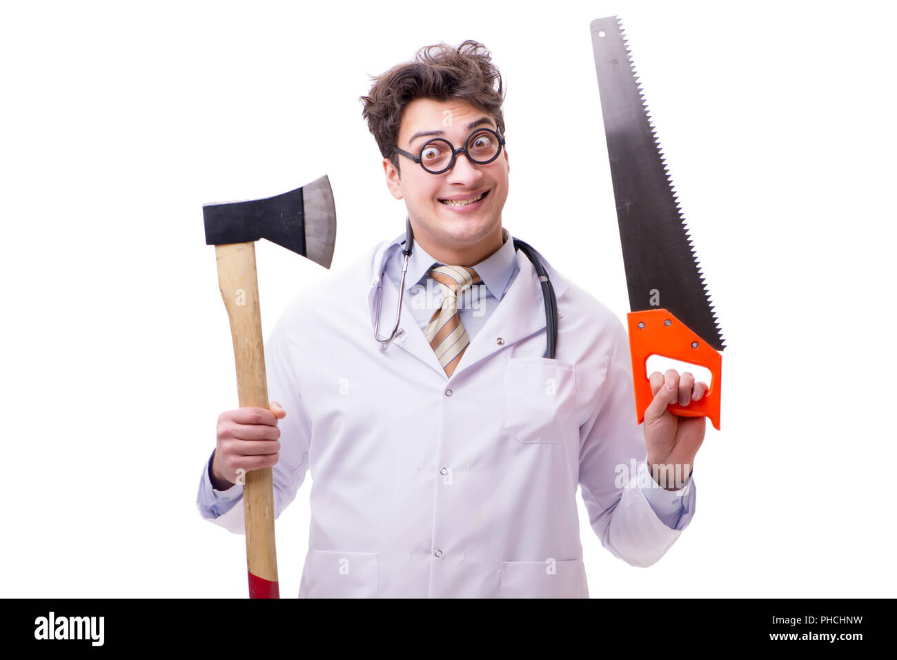 The funny doctor with axe and saw isolated on white Stock Photo - Alamy