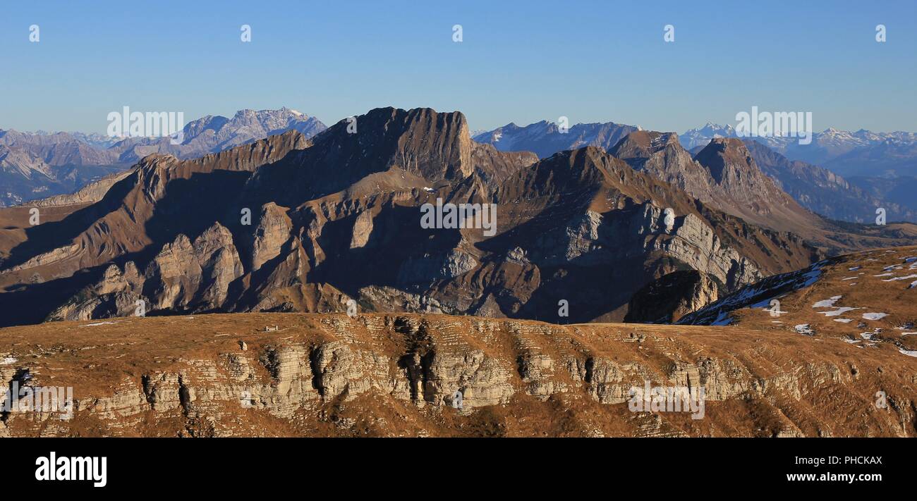 Rugged mountain ranges seen from Chaeserrugg, Switzerland Stock Photo ...