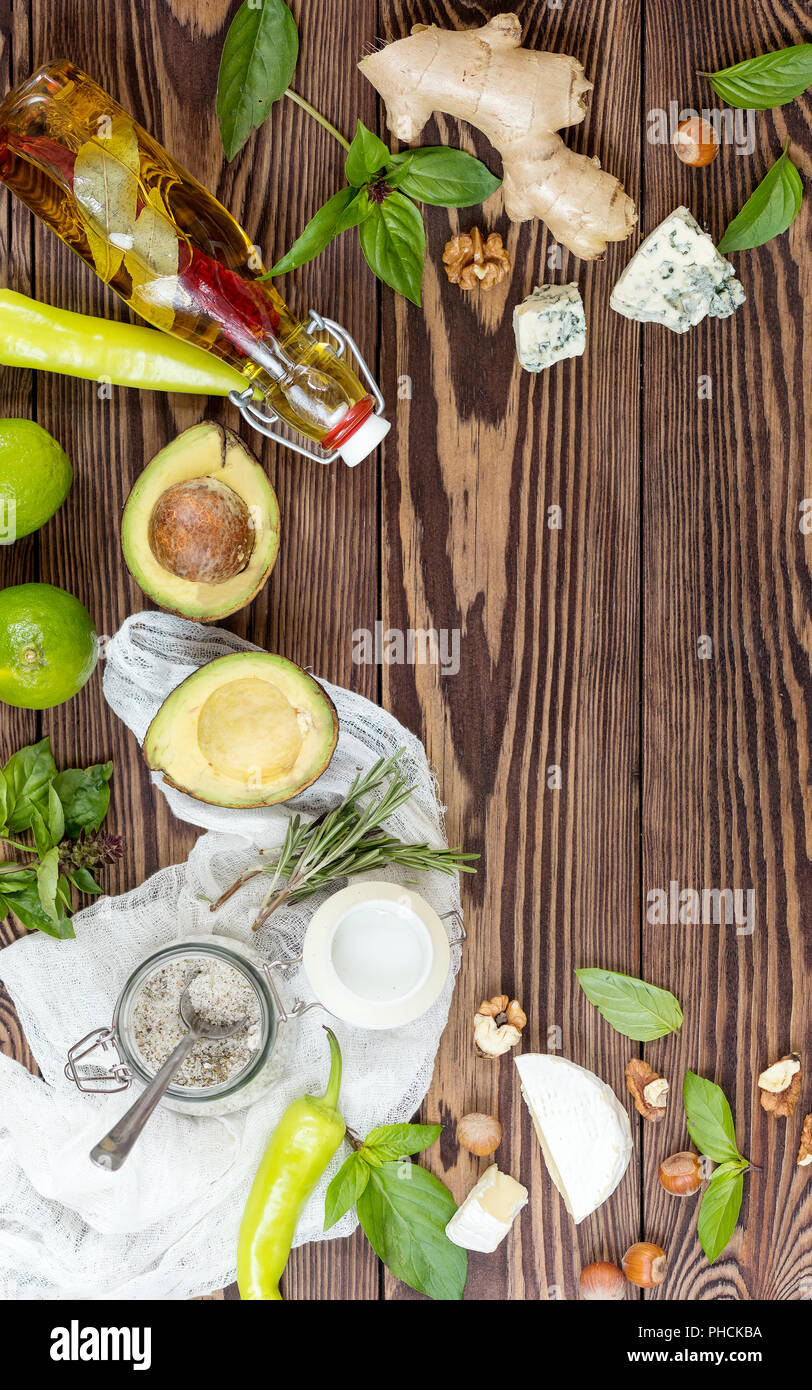 Natural fresh food on wooden background Stock Photo - Alamy