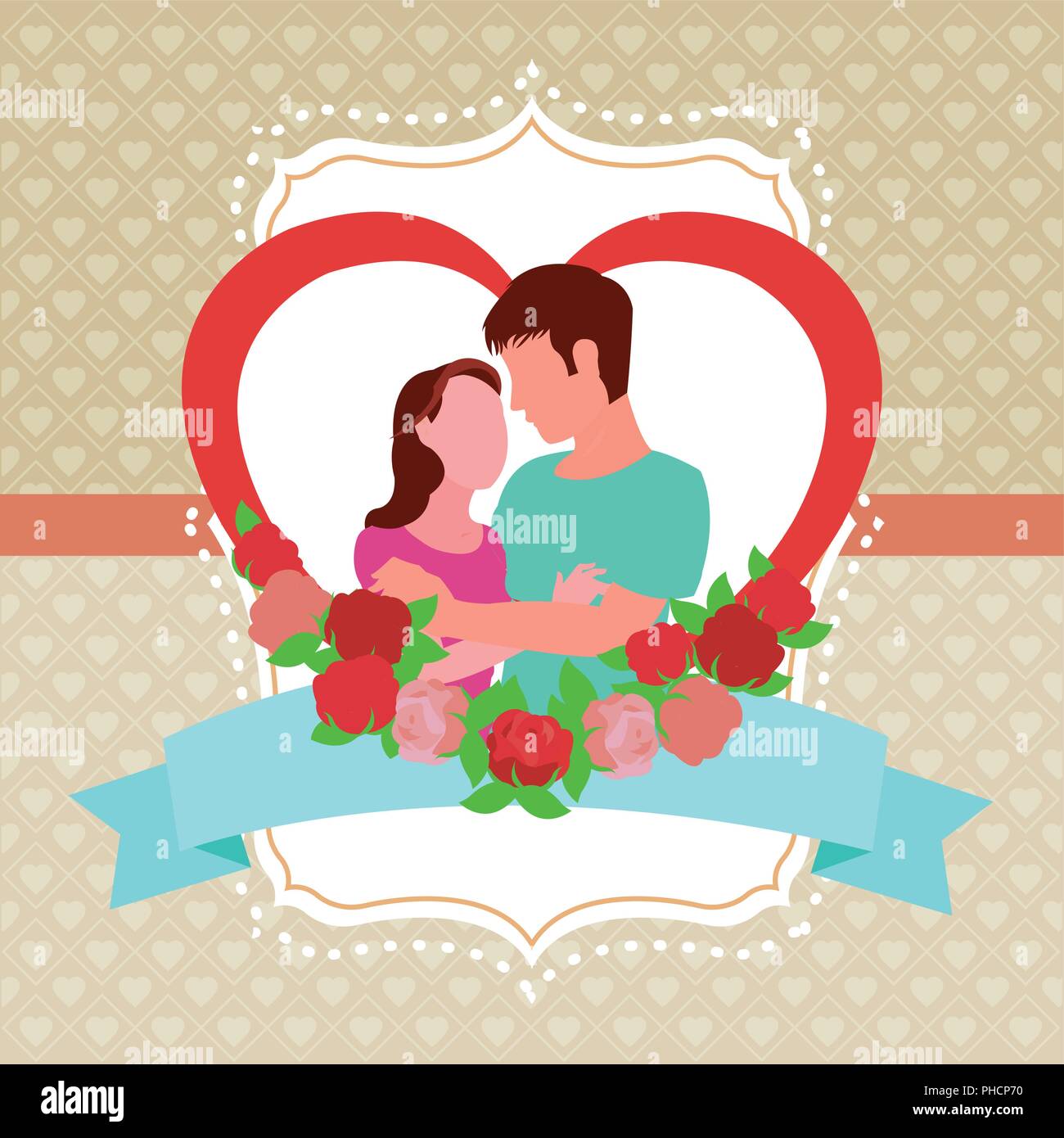 Couple in love in emblem and blank frame vector illustration graphic ...