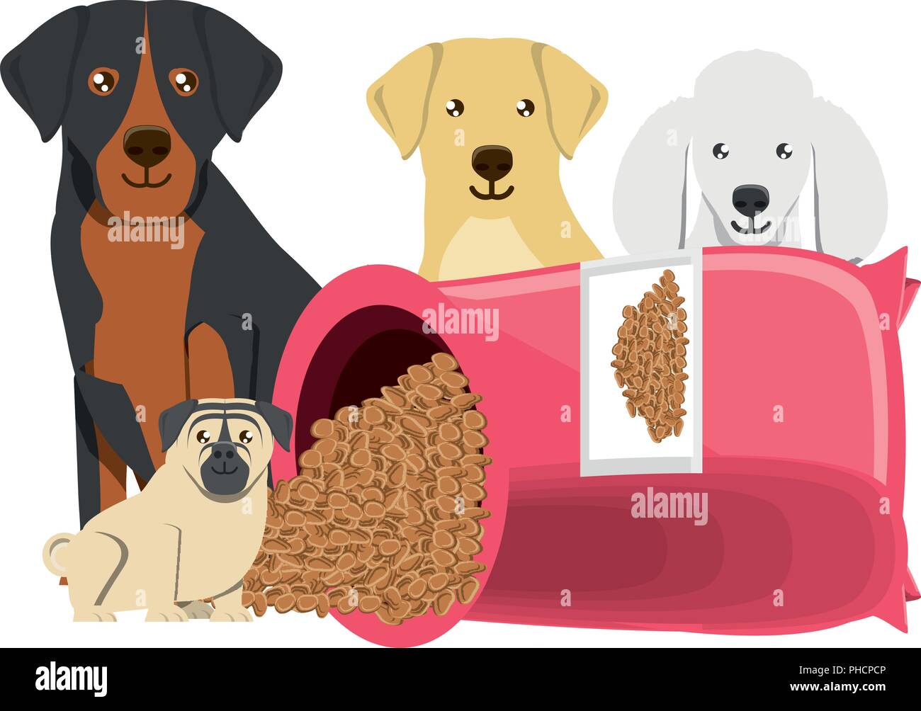 dog food bag and cute dogs around over white background, vector ...