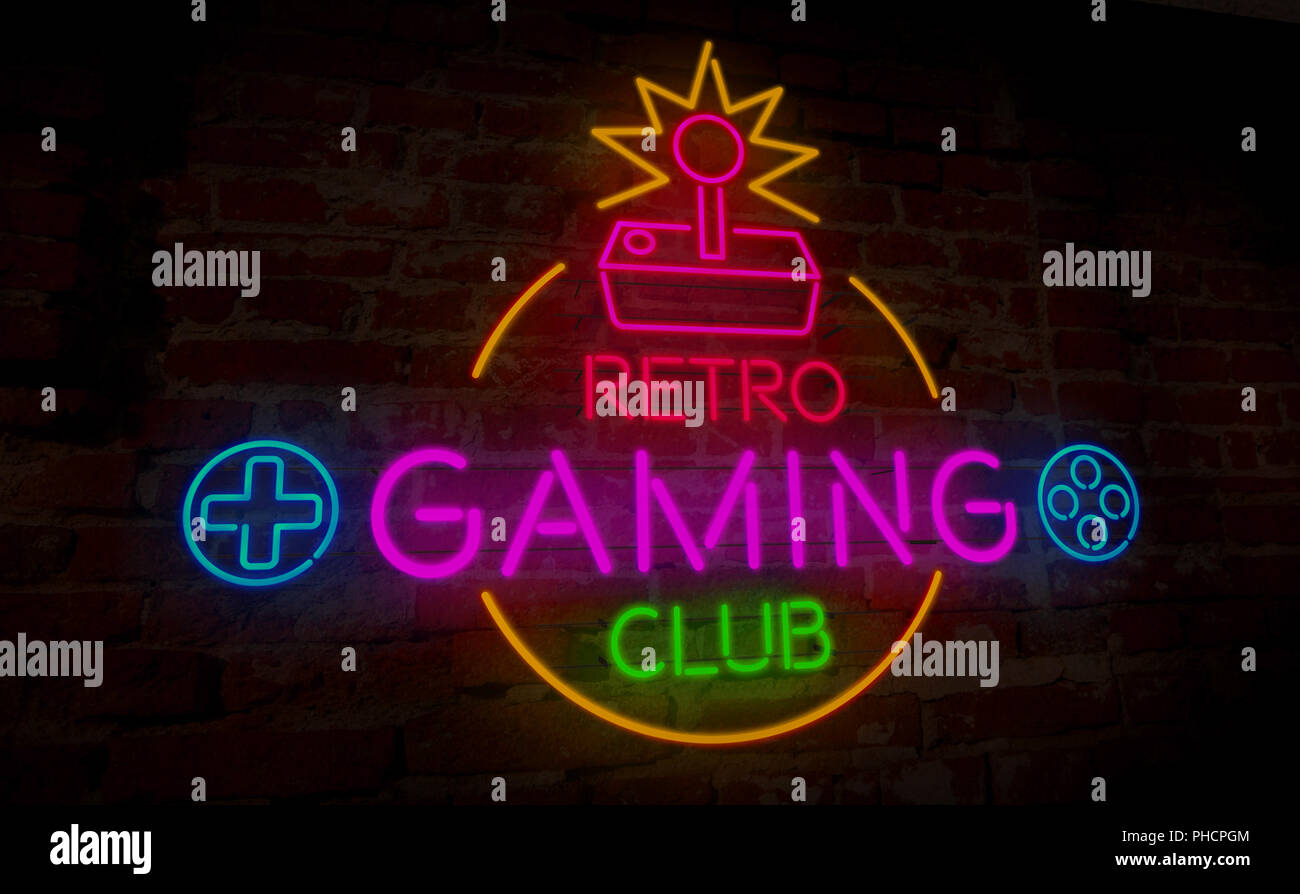 Gaming retro club neon 3D illustration. Symbol and lettering on wall ...