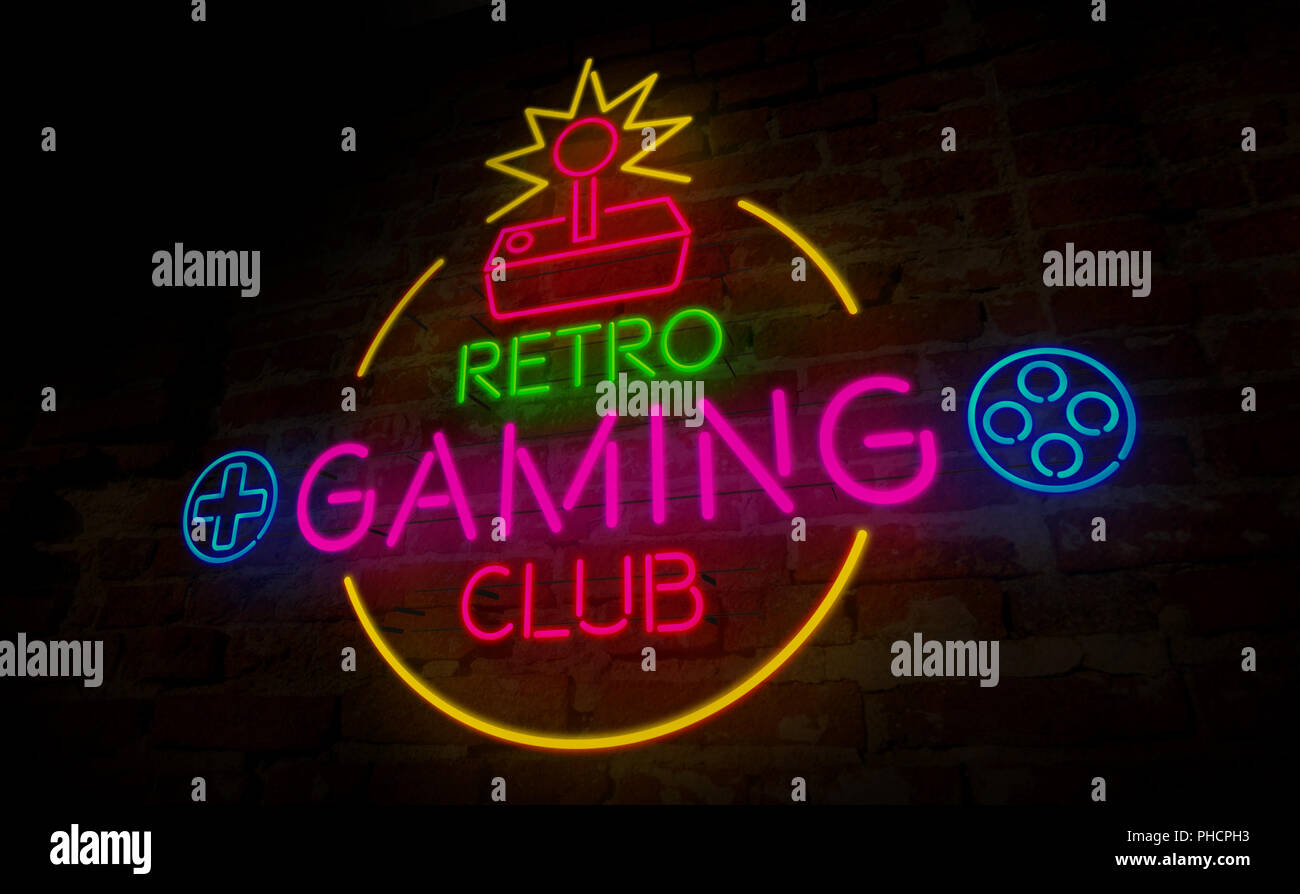 Gaming retro club neon 3D illustration. Symbol and lettering on wall ...