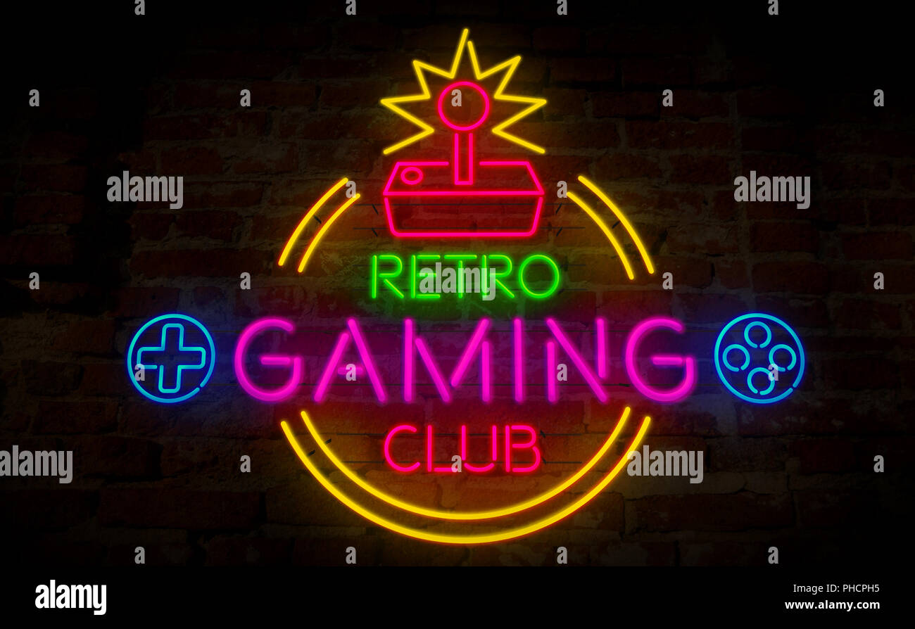 Gaming retro club neon 3D illustration. Symbol and lettering on wall ...