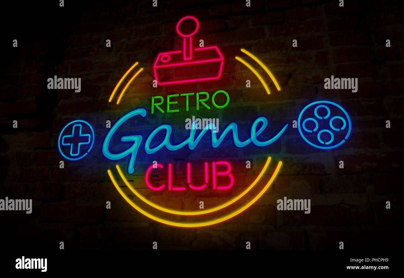 Gaming retro club neon 3D illustration. Electric symbol and lettering ...