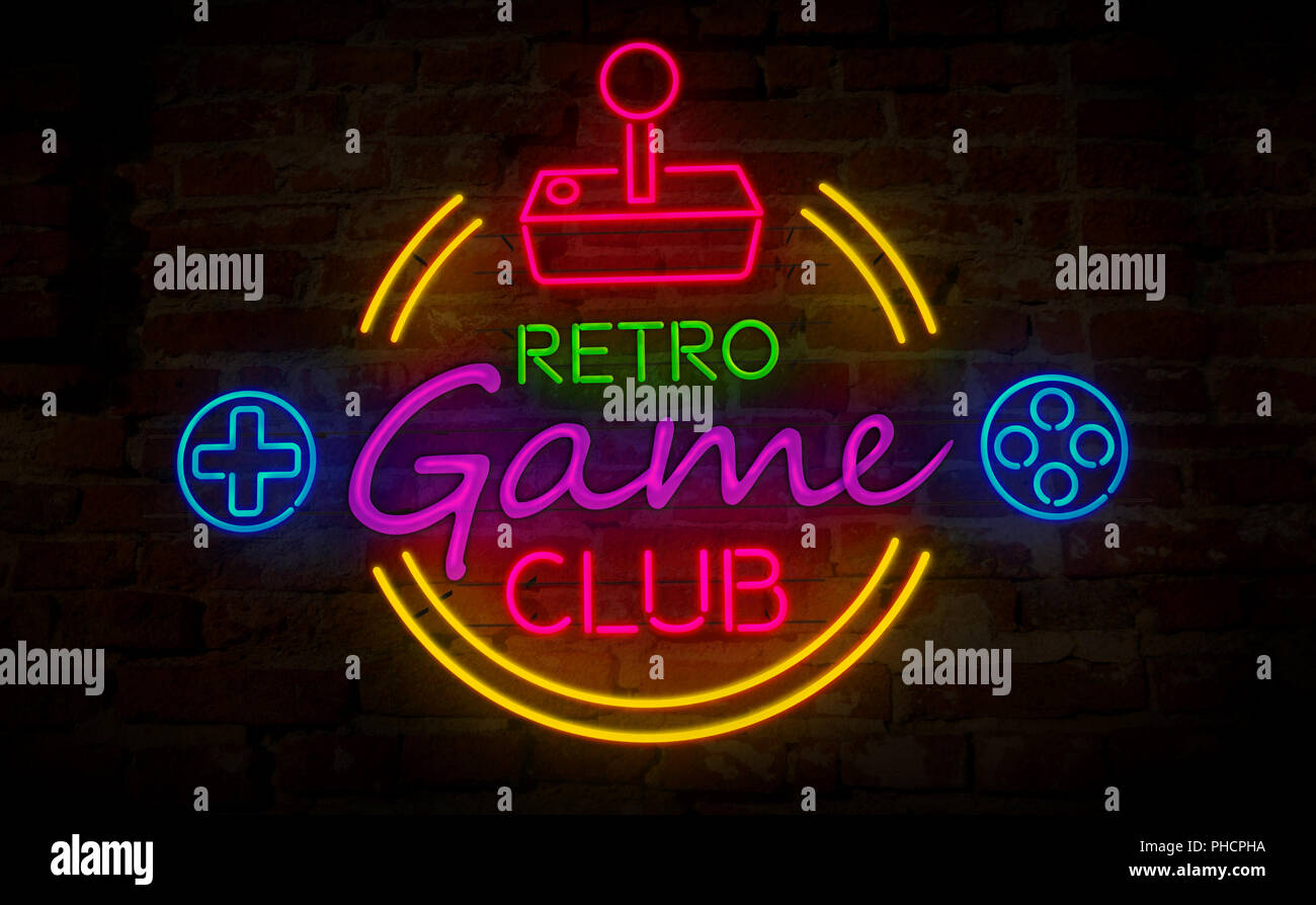 Gaming retro club neon 3D illustration. Electric symbol and lettering ...