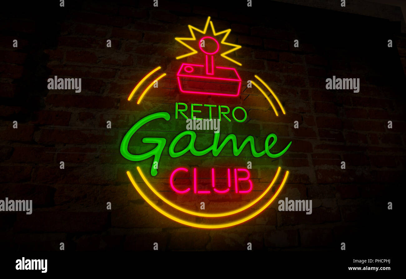 Gaming retro club neon 3D illustration. Electric symbol and lettering ...