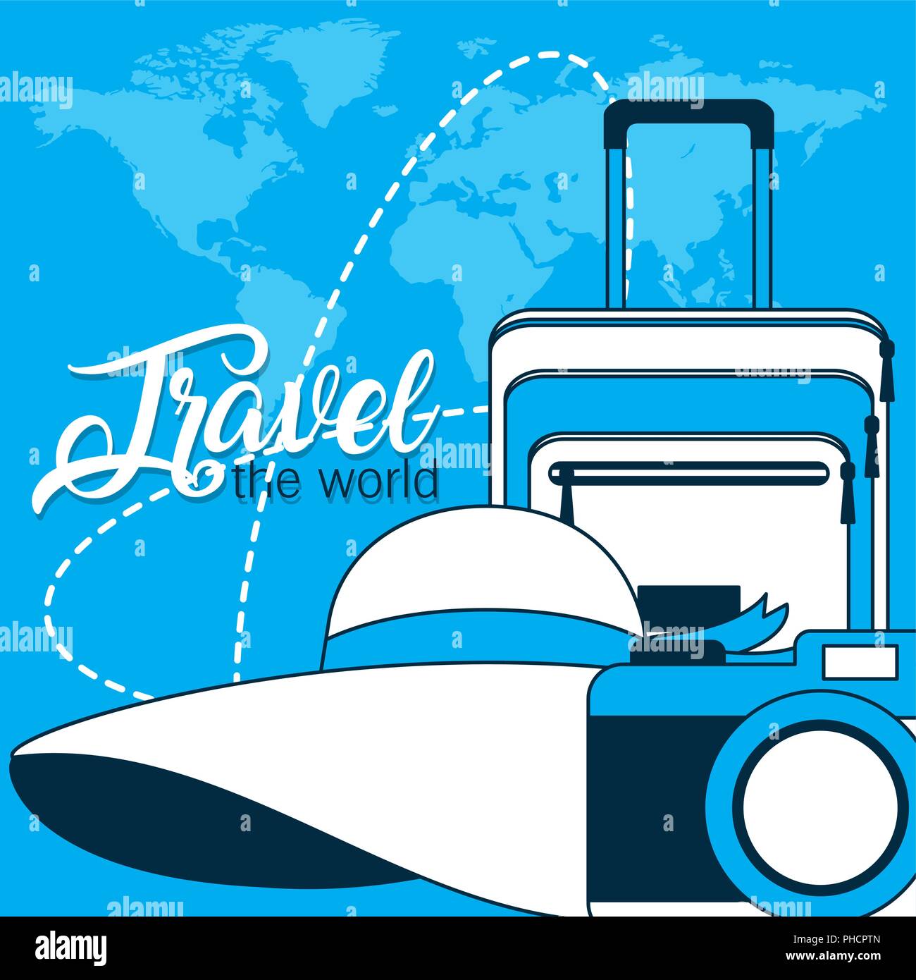 Travel the world luggage and hat with camera vector illustration ...