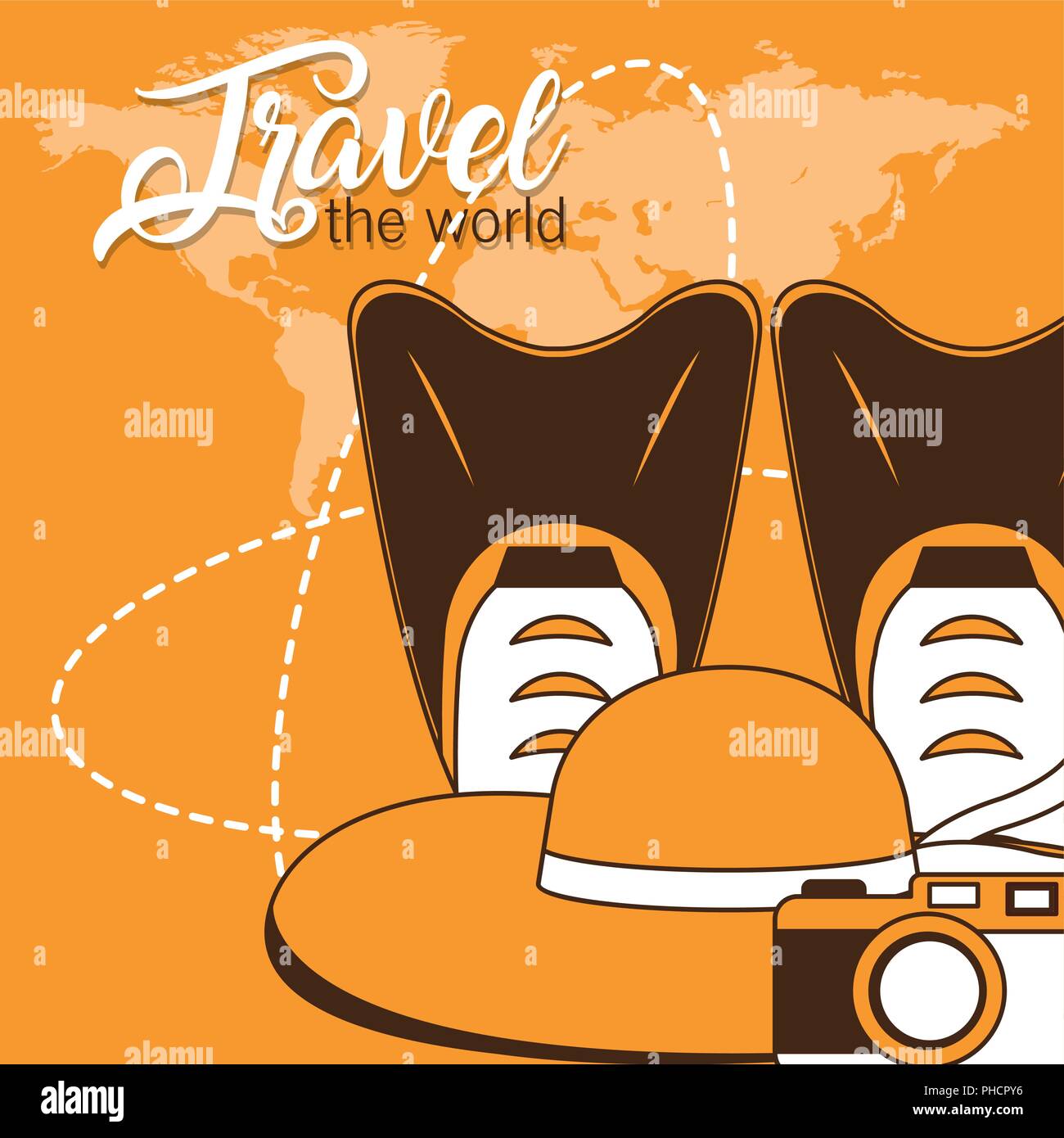 Travel the world with diving fins hat and camera vector illustration ...