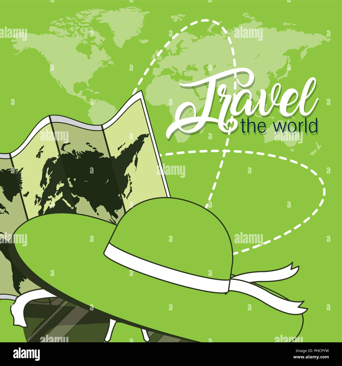 Travel the world with map and hat with sunglasses vector illustration ...
