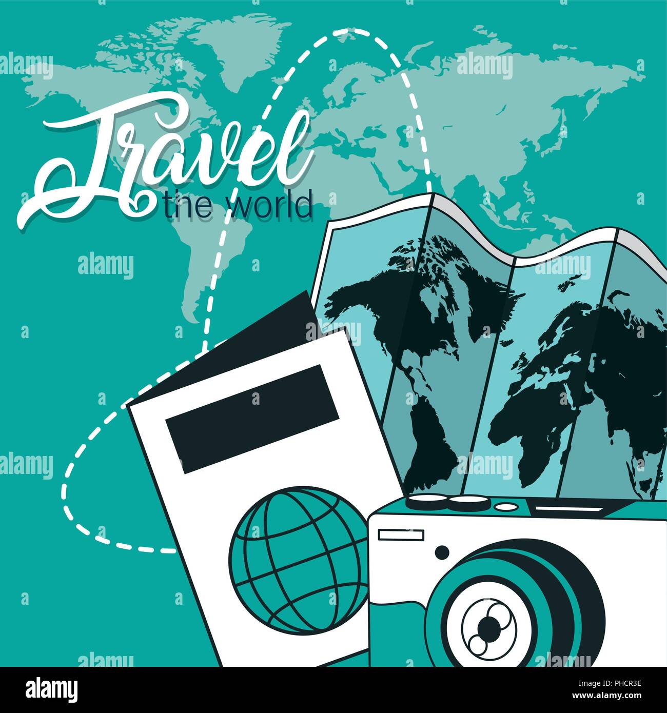 Travel the world with camera map and passport vector illustration ...