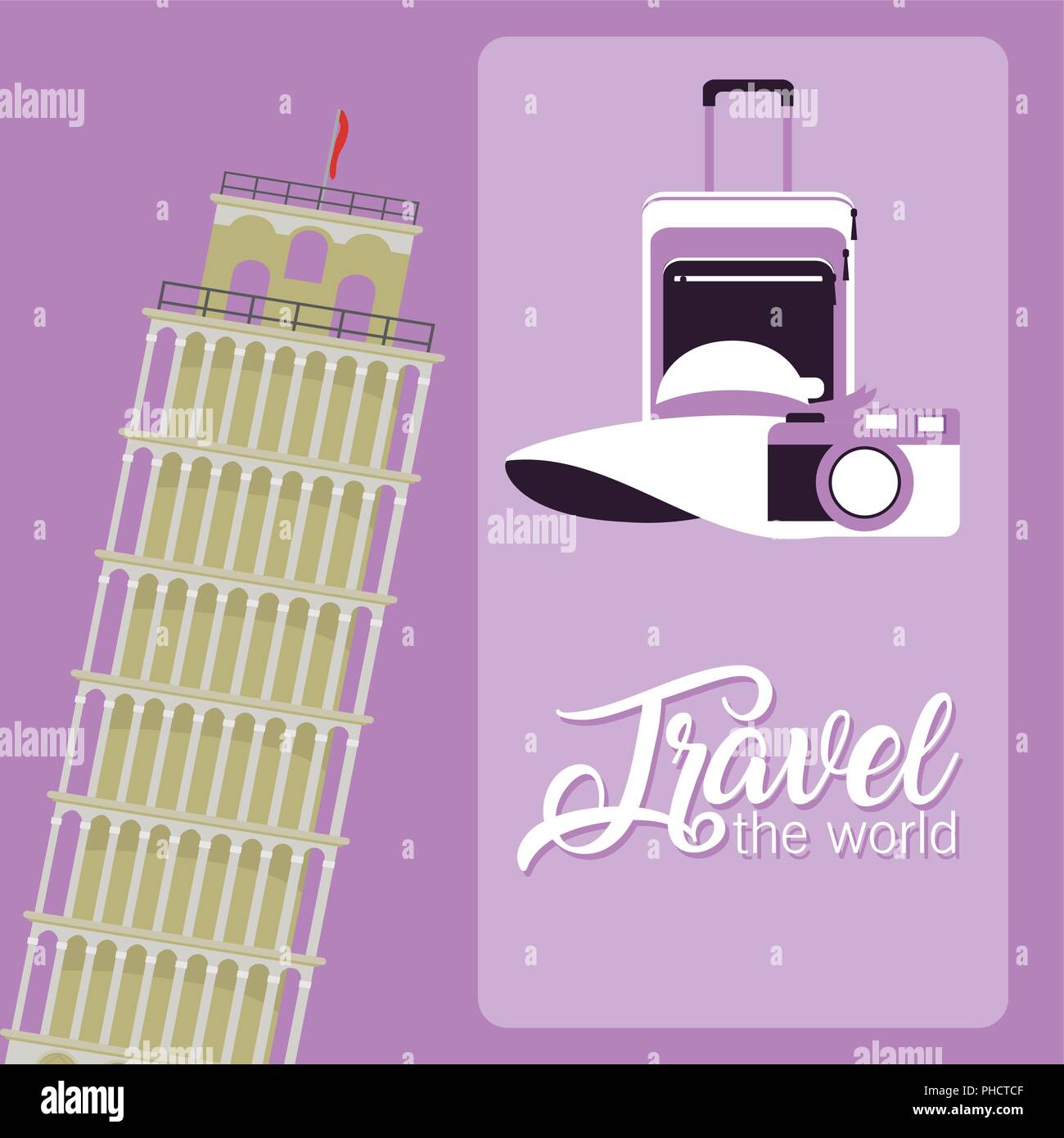 Travel the world card with pisa tower and symbols vector illustration ...
