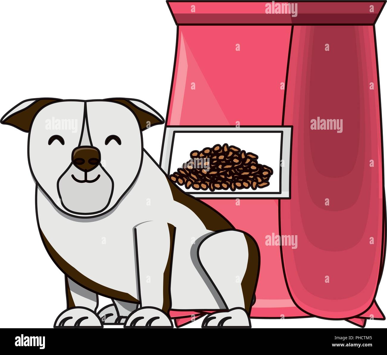 cute pug and dog food bag over white background, vector illustration ...