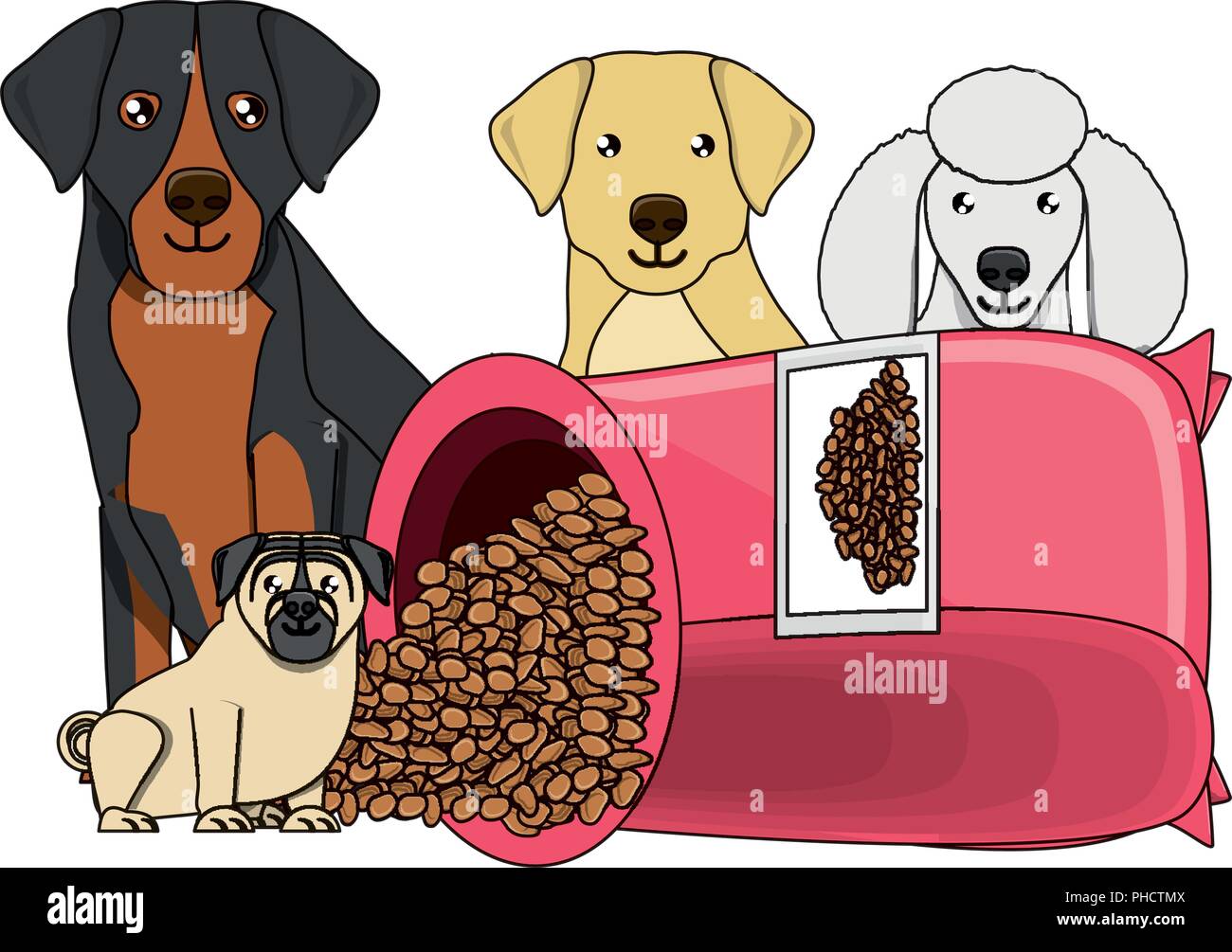 dog food bag and cute dogs around over white background, vector ...