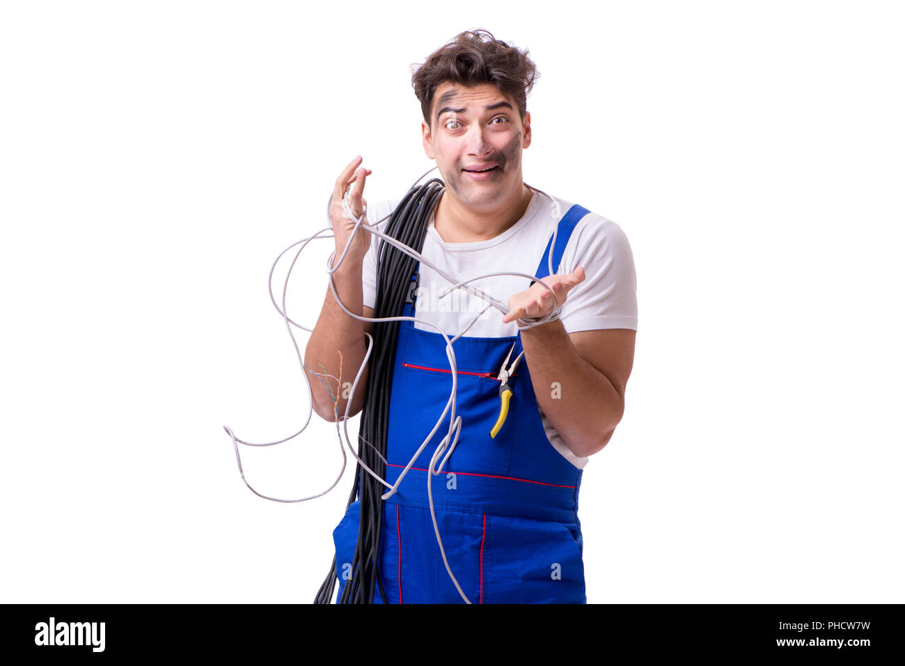 Funny man doing electrical repair Stock Photo - Alamy