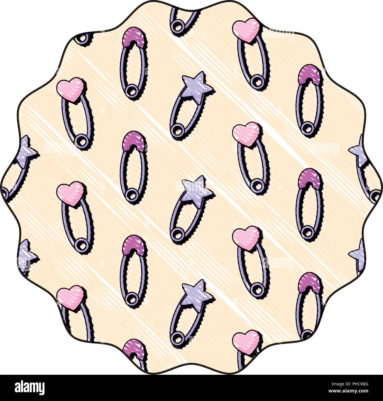 circular frame with baby pins pattern over white background, vector ...