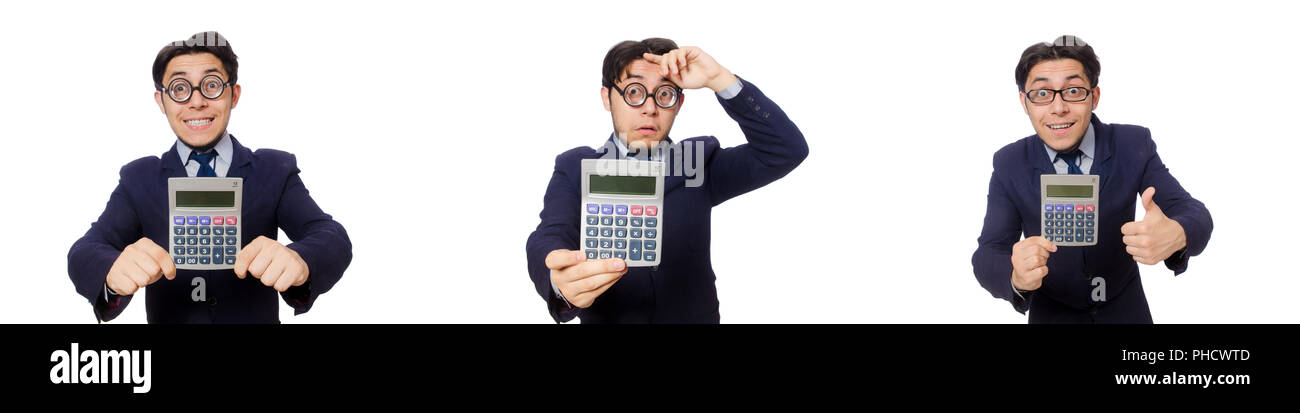 Funny man with calculator isolated on white Stock Photo - Alamy