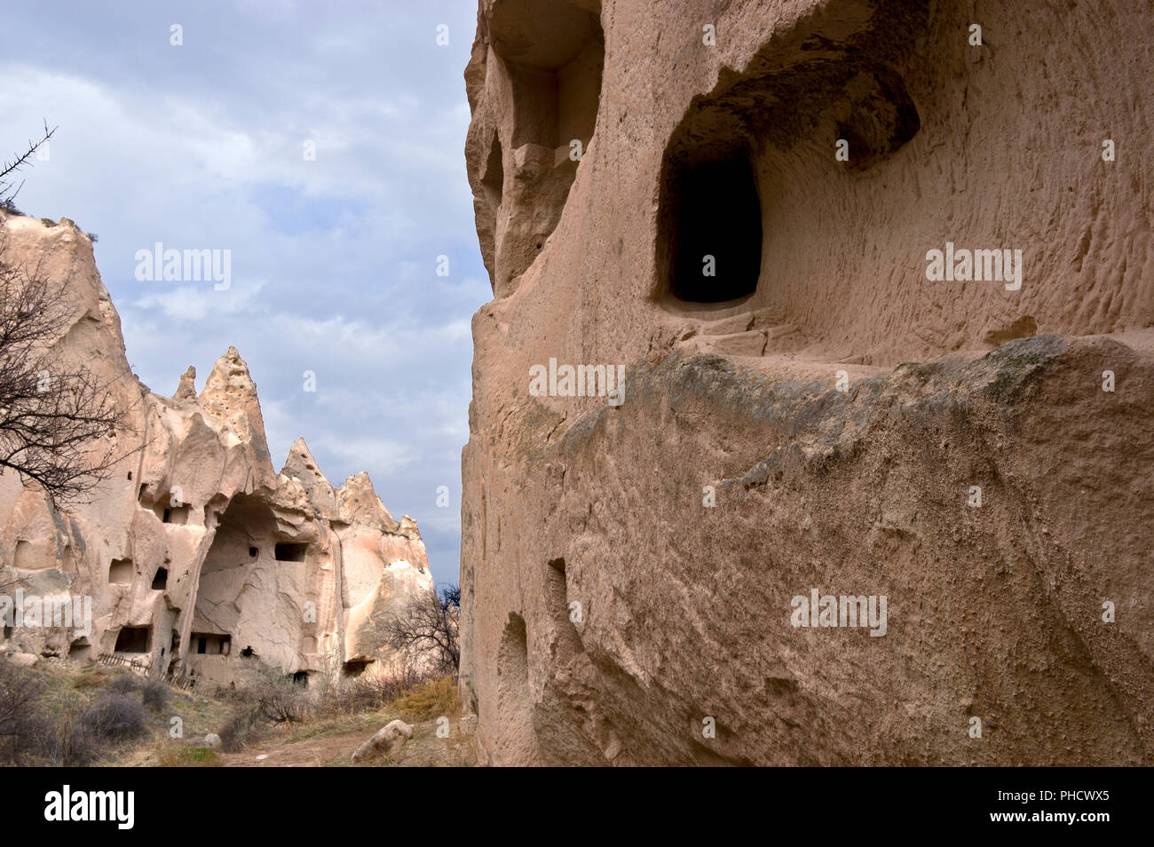 Stairway, dwellings, and monastery at Zelve Open-Air Museum, Cappadocia ...