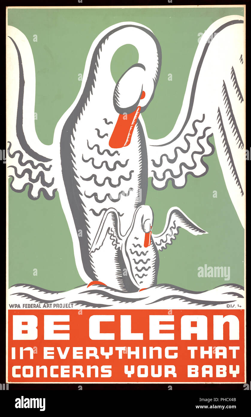 Poster promoting cleanliness and proper child care, showing swan with ...