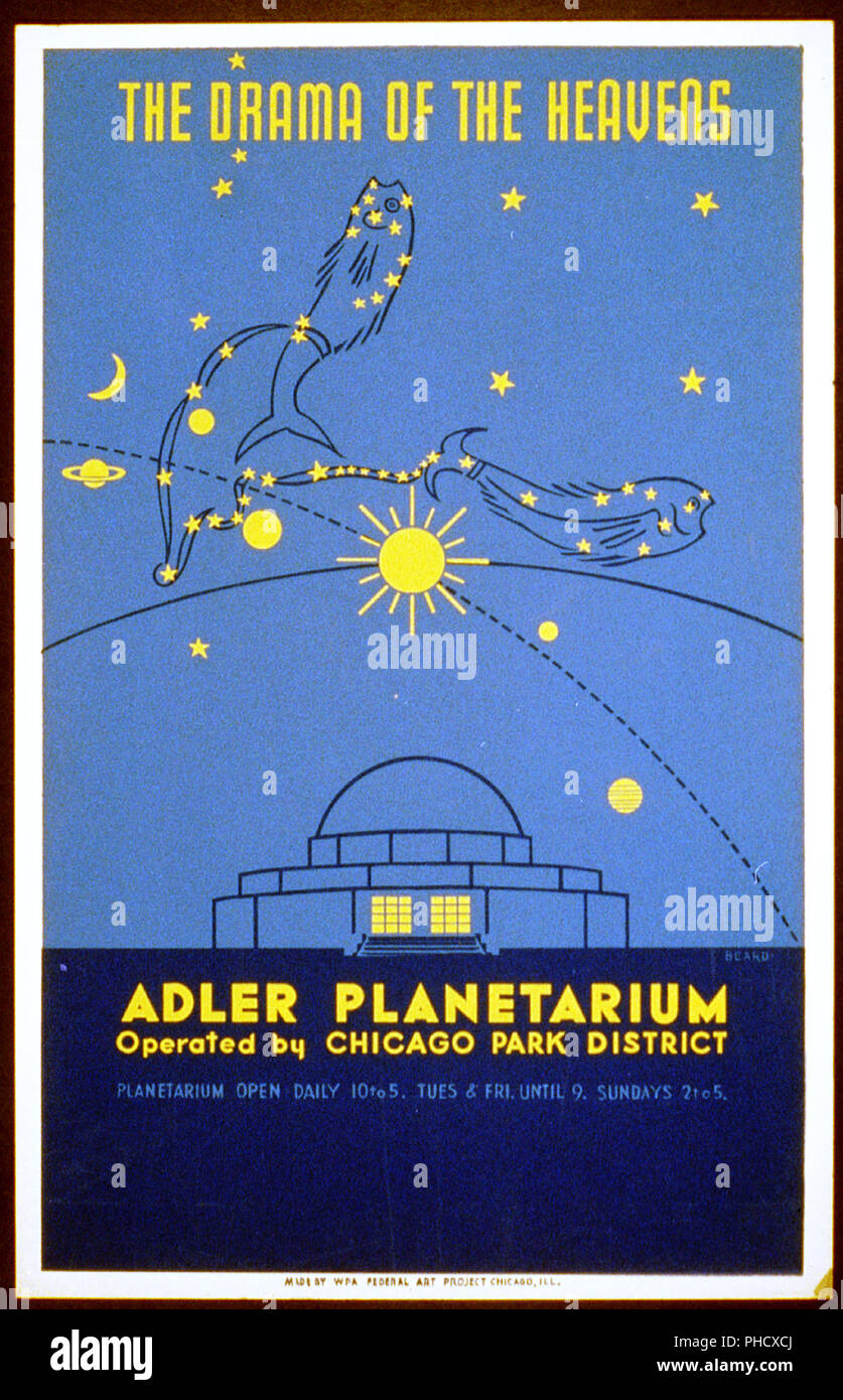 Poster shows stars, planets, and constellations over a planetarium ...