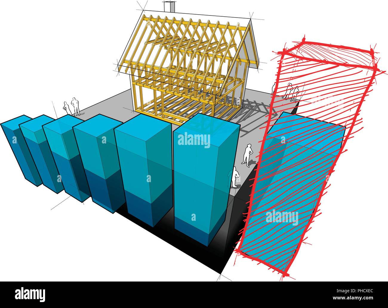 simple detached house with wooden framework construction with abstract ...