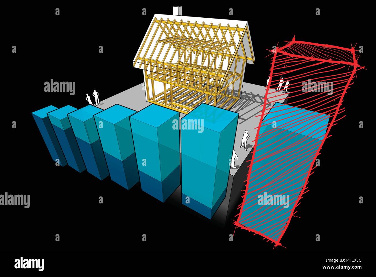 simple detached house with wooden framework construction with abstract ...