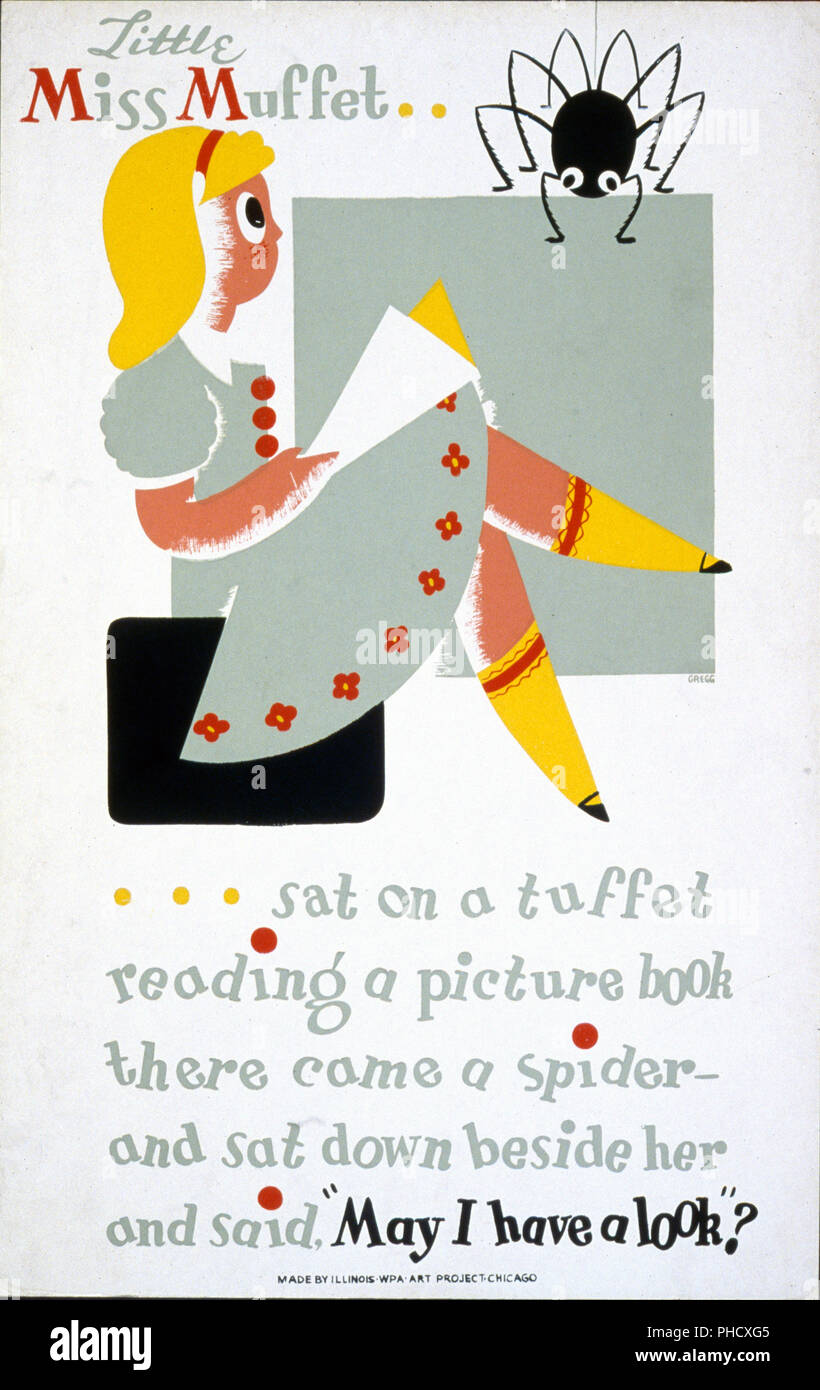 Poster promoting reading among children, showing Miss Muffet sharing ...
