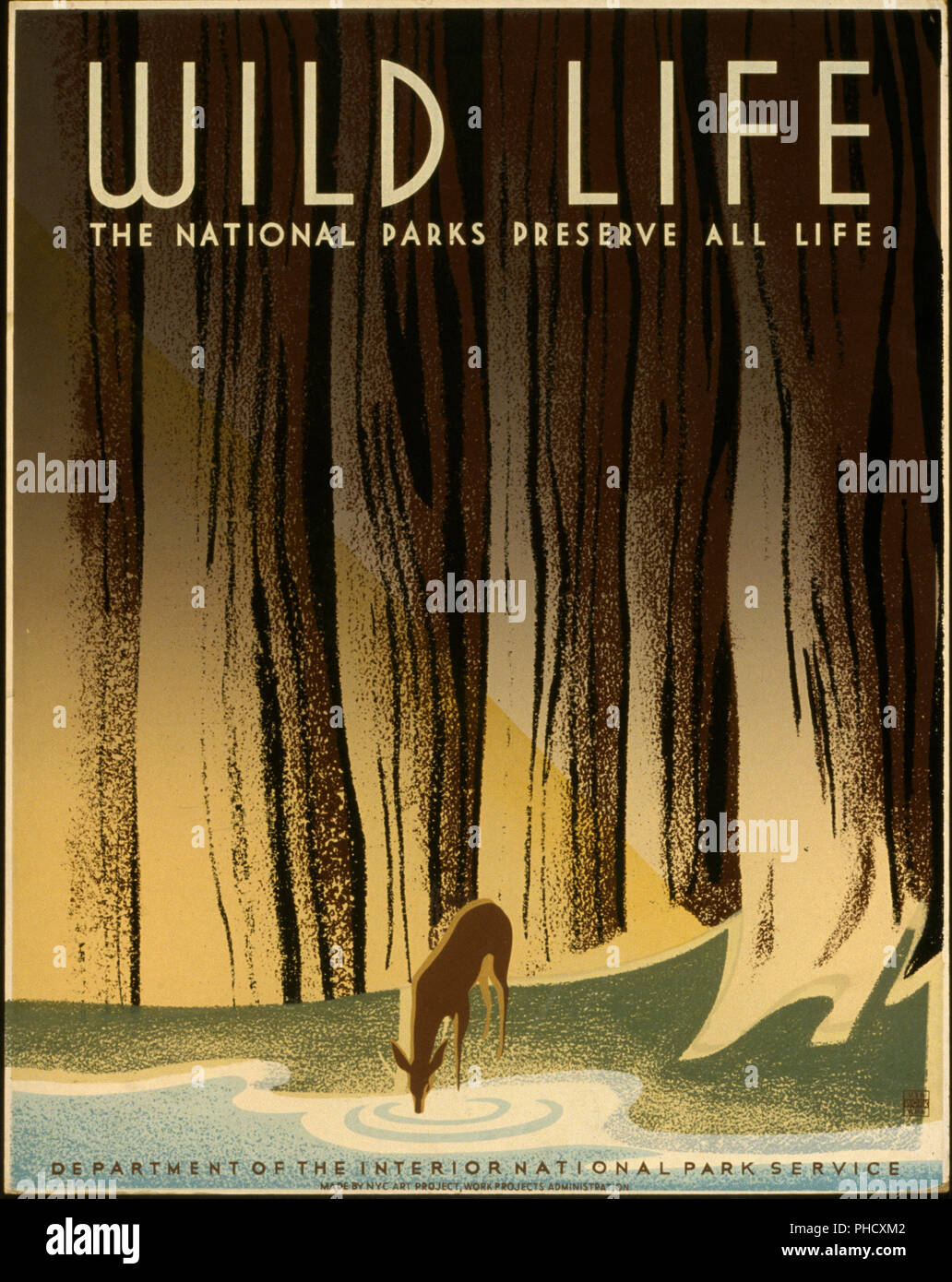 Poster for National Park Service, showing a deer drinking from a stream ...