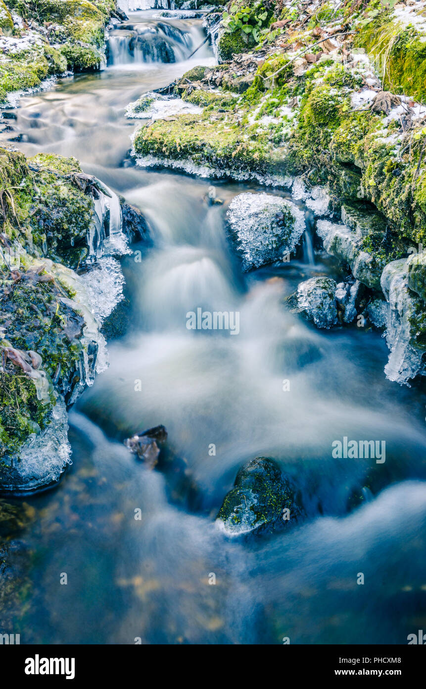 Flow of water in the spring of icicles and ice Stock Photo - Alamy