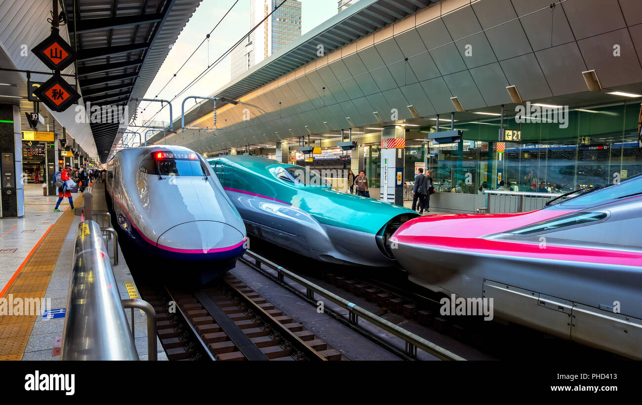 TOKYO, JAPAN - APRIL 21 2018: Japanese Shinkansen high speed train Hayabusa (left) and Komachi ...