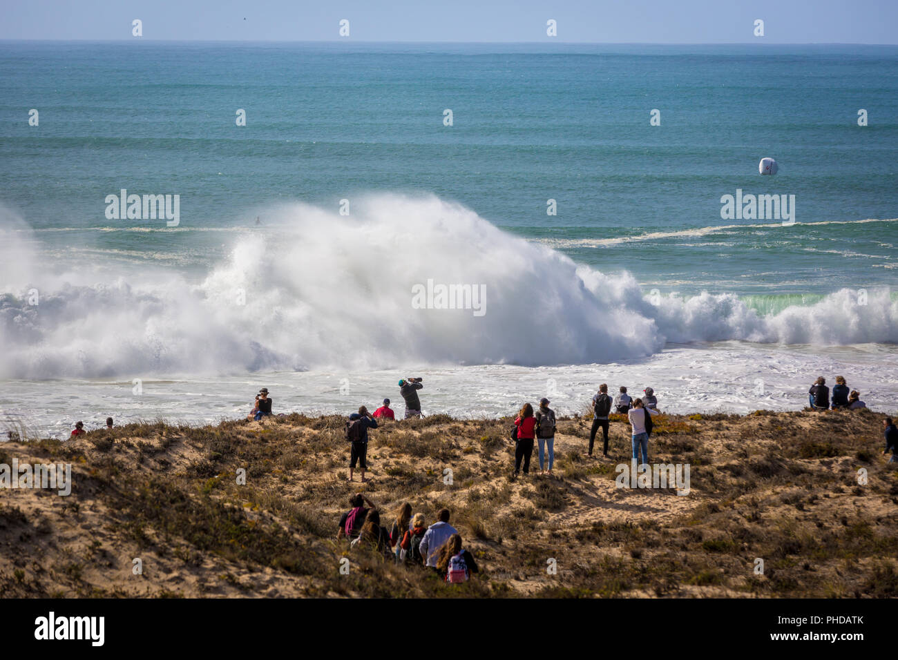 Peniche, Portugal - Oct 18th 2017 - Big crowd of people watching a big ...