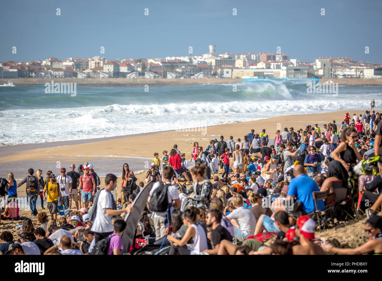 Peniche, Portugal - Oct 18th 2017 - Big crowd of people watching a big ...