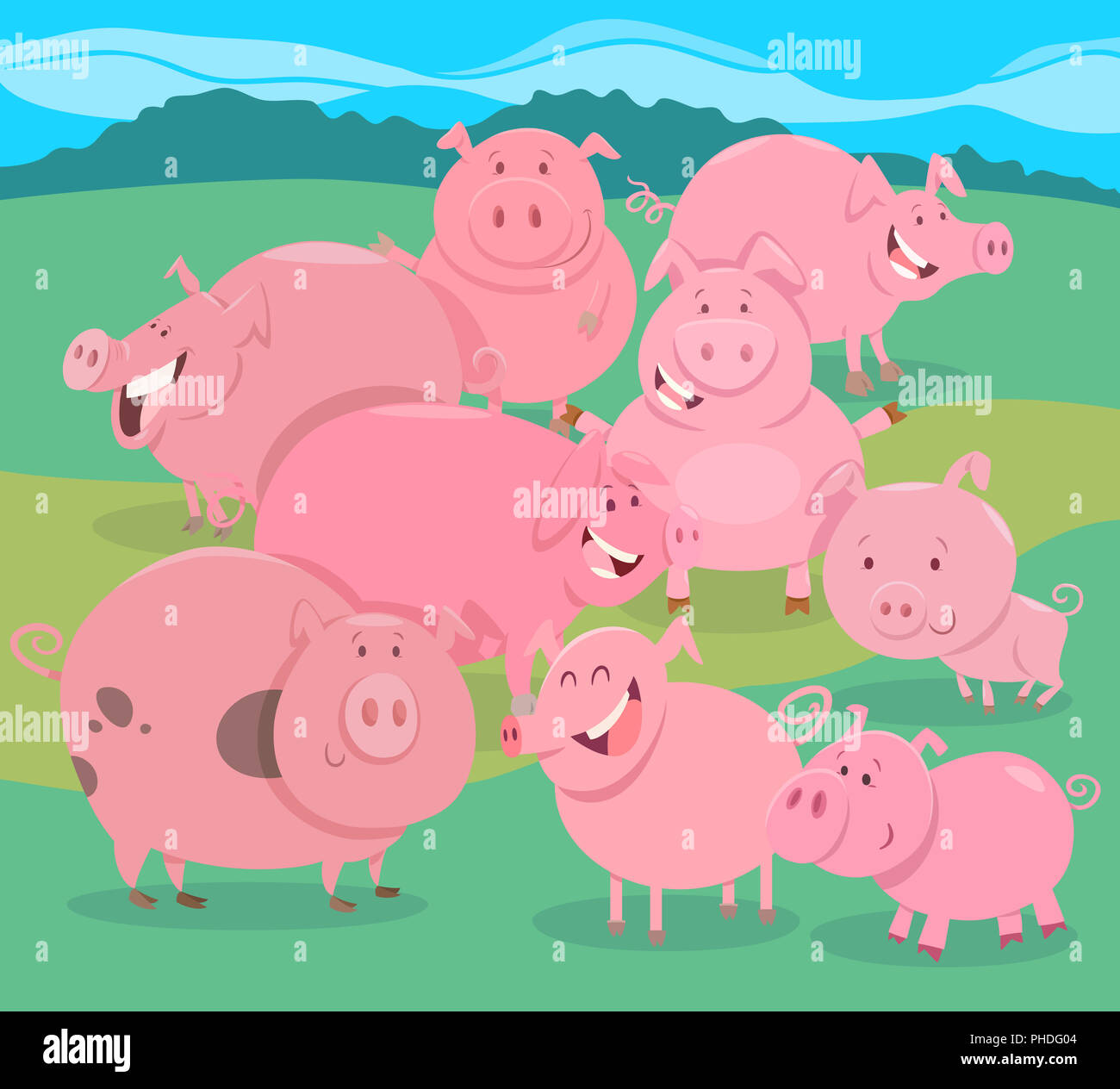 flock of pigs farm animal characters group Stock Photo - Alamy